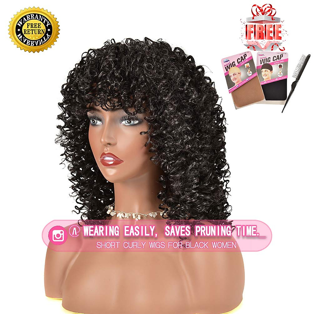 rosmile Curly Wigs for Black Women - Natural Black Synthetic African American Full Kinky Curly Afro Hair Wig with Bangs