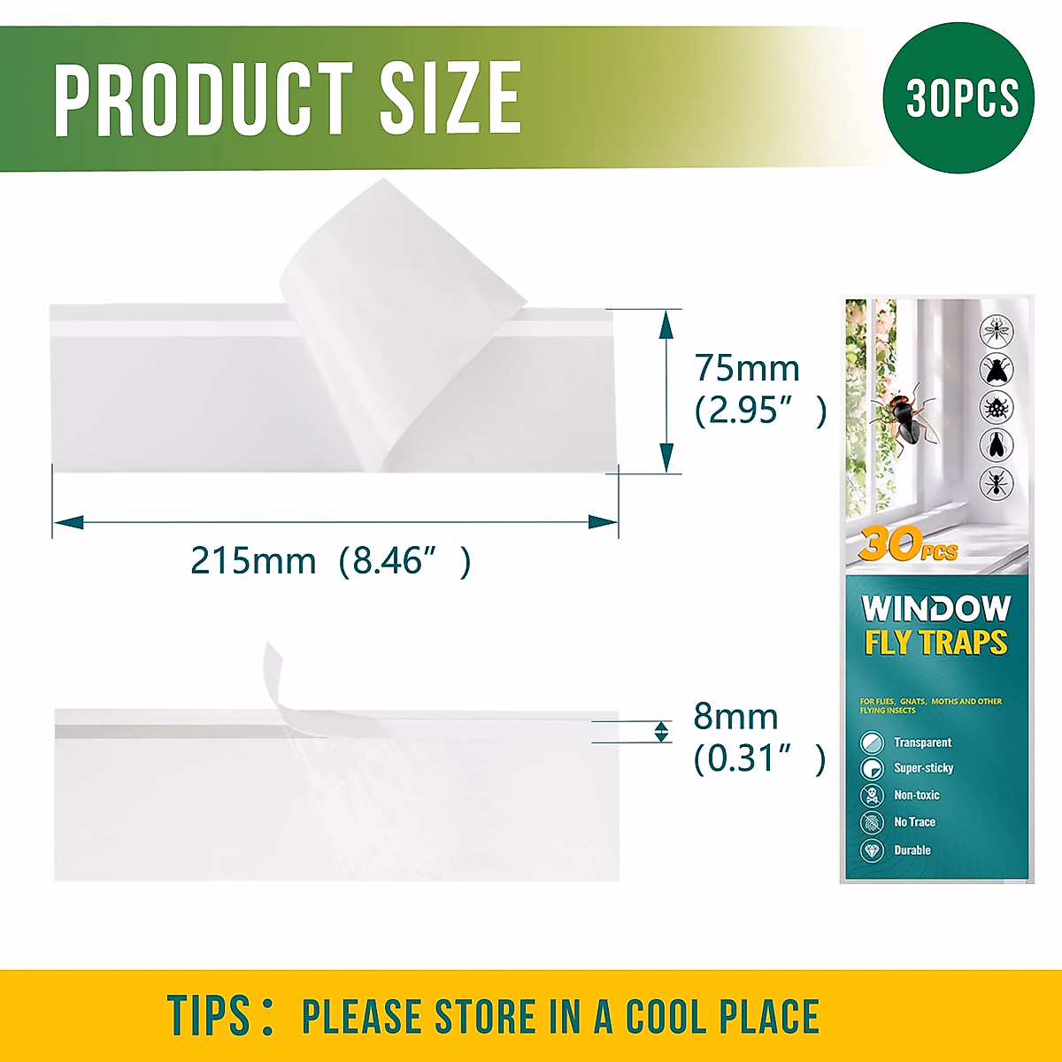 30 Pack Fruit Fly Traps Indoor, Non-Toxic Window Fly Trap Catcher Clear Trap for Home, Flies Traps Kitchen, Paper Sticky Strips, Flying Insect Traps for Bugs Mosquito Gnat, Lady Bug Killer Traps