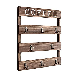 EMAISON Solid Wood Coffee Mug Holder Wall Mounted, Rustic Cup Rack with 8 Hooks Large Space for Big Cups for Kitchen, Home, Coffee Bar Station (Brown)