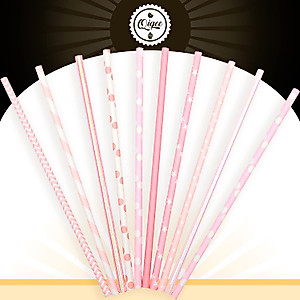 Pink Paper Straws for Drinking Pink Disposable Straws 150pcs Disposable Straws Bulk（10 Pattern） qiqee