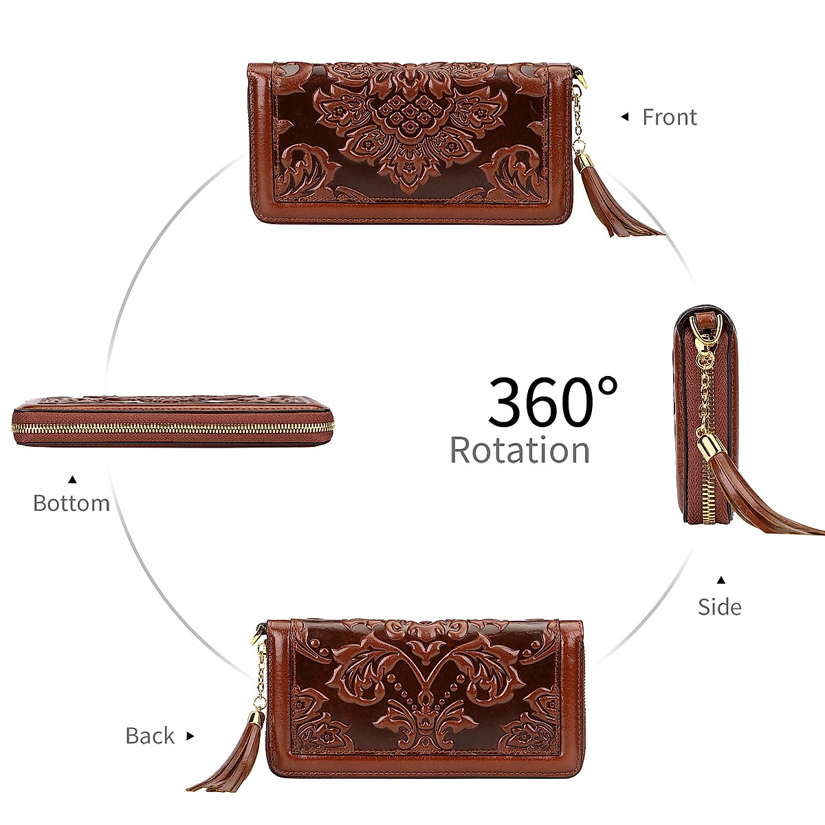 PIJUSHI Leather Wallets For Women Floral Wristlet Wallet Card Holder Purse (91853 Brown)