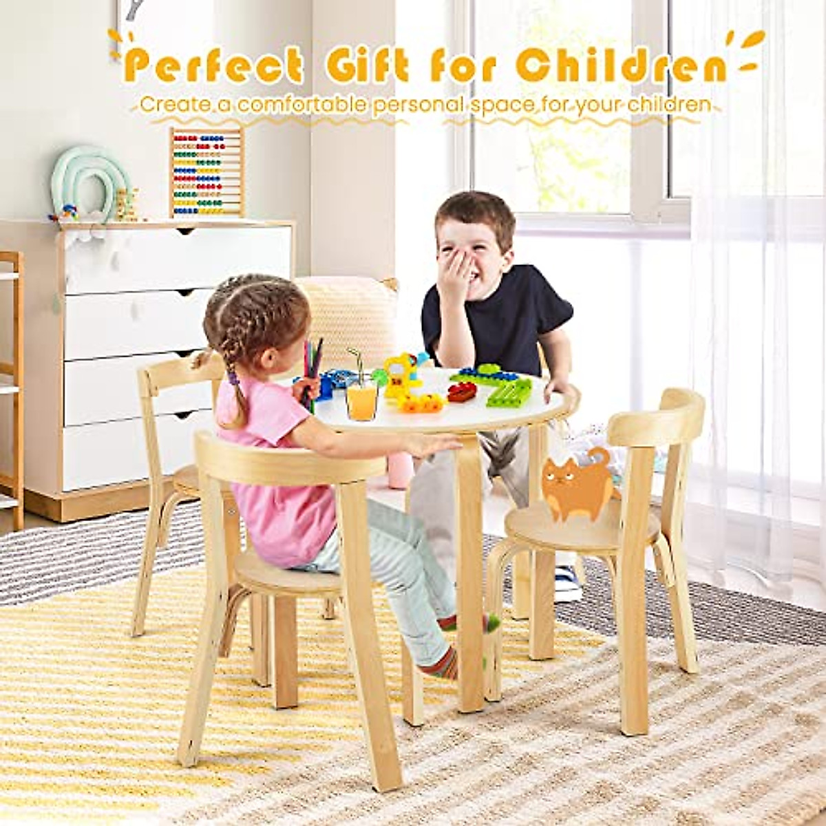 HONEY JOY Kids Table and Chair Set, Bentwood Toddler Round Table and 4 Chairs for Craft Art, Building Block, 5-Piece Children Furniture Set for Daycare, Kindergarten, Playroom (Natural)