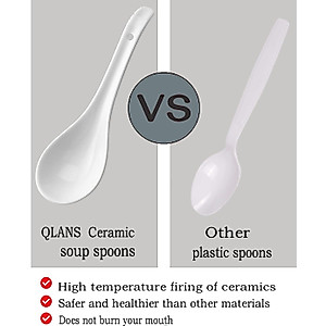 QLANS Soup Spoons, Ceramic Chinese Soup Spoons, Asian Soup Spoons, White Japanese Spoon Large for Ramen Pho Wonton Dumpling Miso, Deep Oval Hook Design, Set of 8