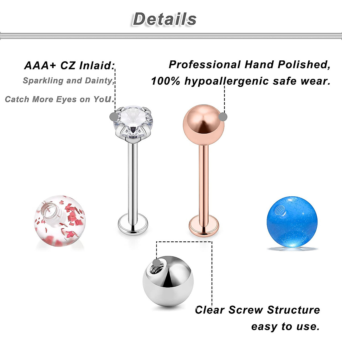 Ocptiy 16G Cheek Dimple Ring Piercing Jewelry Flat Back Tongue Ring Extra Long Lip Labert Medusa Monroe Ashley Ring Stud 16 Gauge Plastic Replacement Piercing Ball Jewelry Men Women Silver Black 16mm