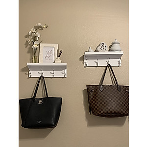 ZGZD White Wall Mounted Coat Rack with Shelf Entryway Hanging Shelves with 4 Double Hooks, Set of 2