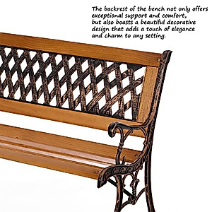 Gardenised QI003462L Outdoor Classical Wooden Slated Park, Steel Frame Seating Bench for Yard, Patio, Garden, Balcony, and Deck, Brown