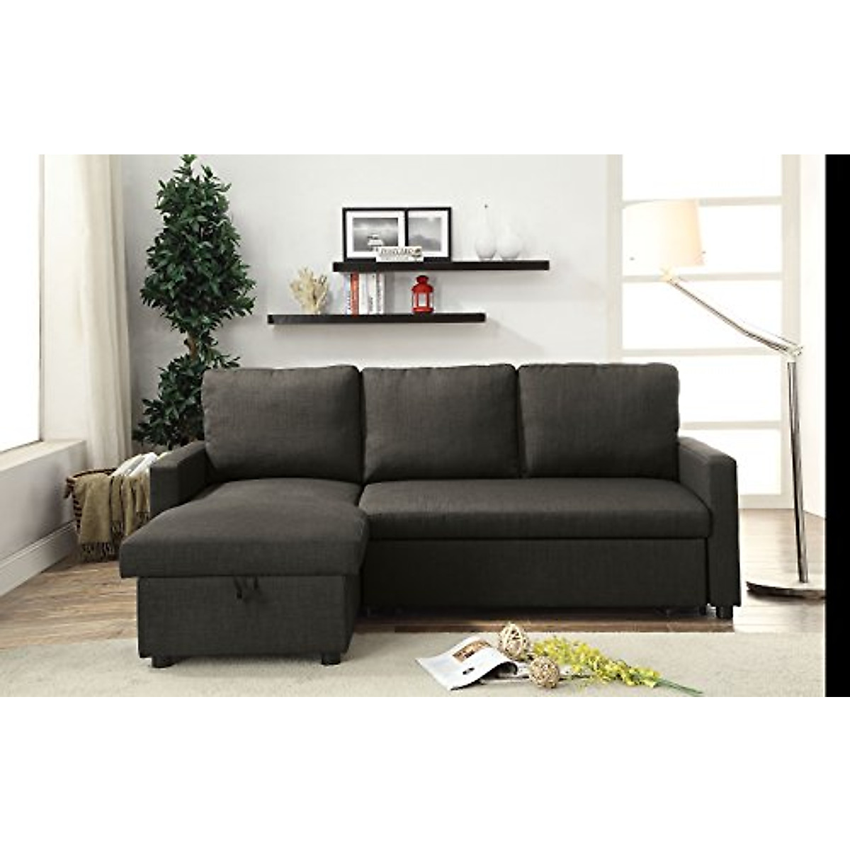 ACME FURNITURE Hiltons Charcoal Linen Sectional Sofa with Sleeper and Storage