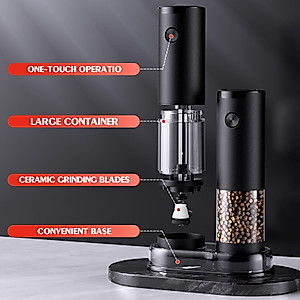Electric Salt and Pepper Grinder Set Automatic Battery Pepper Mill Shakers Adjustable Coarseness Easy Filling Upgraded Larger Capacity with Led (2 Pack Black/Black）