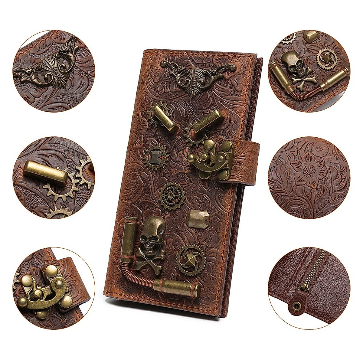 Dajingkj Genuine Leather Steampunk Wallet Long Card Holder Retro Style Clutch Watch Bag Creative Coin Purse for Women Men (Skull wallet)