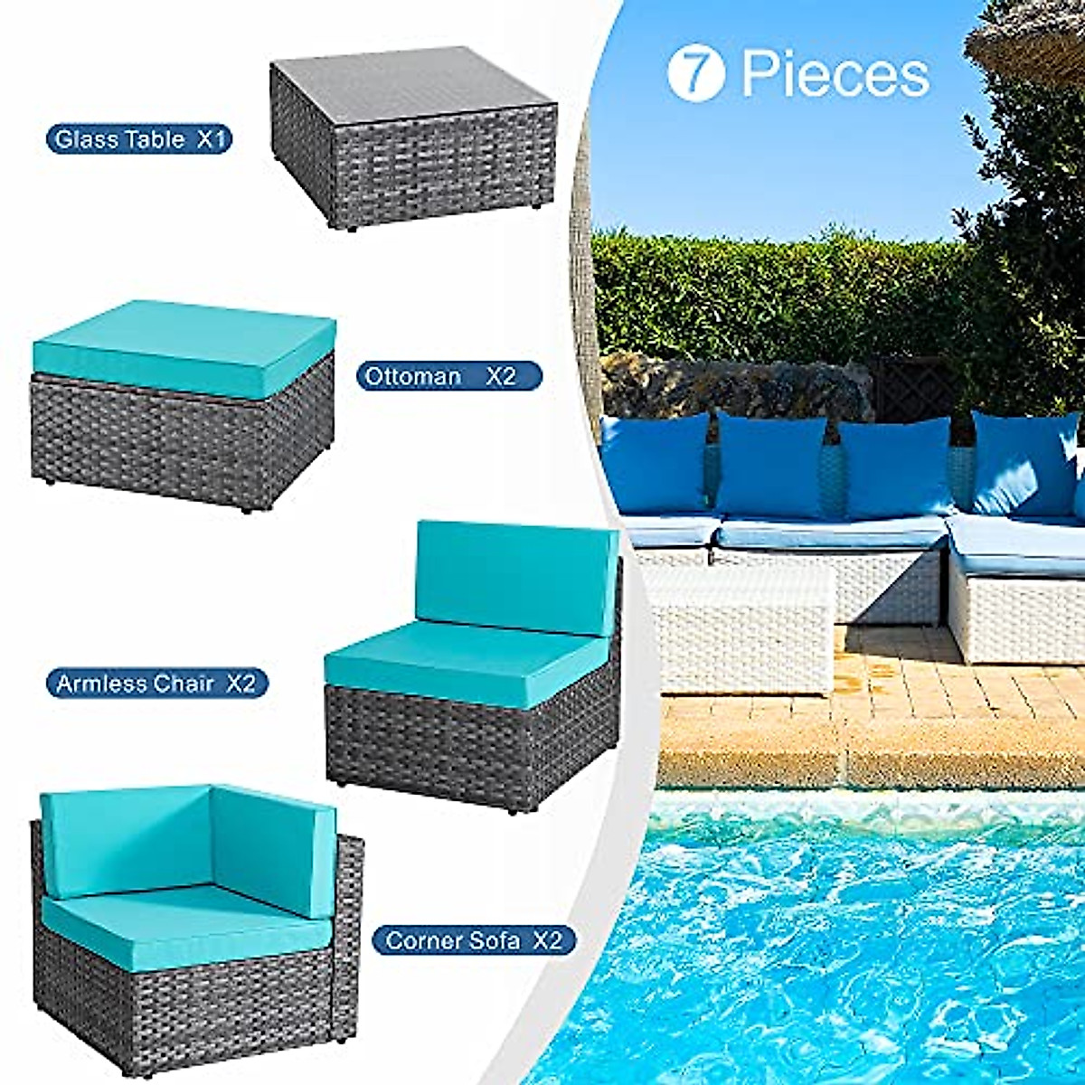 Walsunny 7pcs Patio Outdoor Furniture Sets,Low Back All-Weather Silver Gray Rattan Sectional Sofa with Tea Table&Washable Couch Cushions&Ottoman,Blue