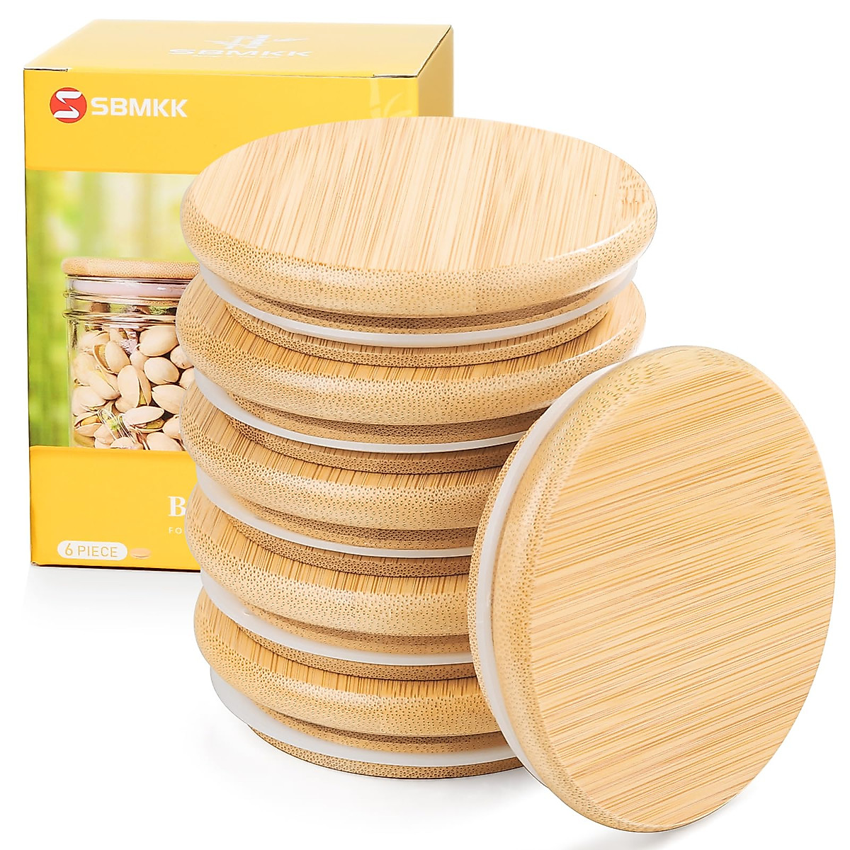 SBMKK Bamboo Lids for Mason Jars Regular Mouth, 2.8inch /70mm Natural Decorative Wood Mason Jar Lids for Storage (regular mouth 6X)