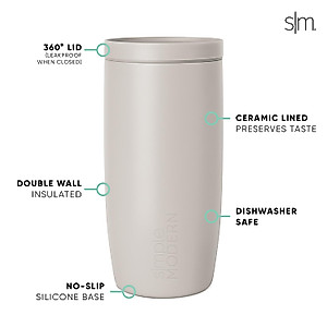 Simple Modern Travel Coffee Mug Tumbler with 360° Lid | Ceramic-Lined Insulated Stainless Steel Cold Brew Iced Coffee Cup Thermos | Gift for Women Men Her Him | Voyager Signature | 16oz | Almond Birch
