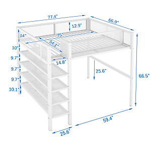 Bellemave Full Size Loft Bed with 4-Tier Shelves and Storage, Metal Loft Bed with Bookshelf, Full Size Loft Bed with Storage Stairs(White)