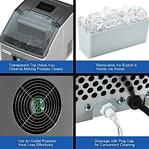 COSTWAY Ice Maker Countertop, 48LBS/24H Automatic Ice Stainless Steel Machine with Self-Cleaning Function, Easy-to-Control LCD Display, Timer Function, See-Through Window with Ice Scoop and Basket