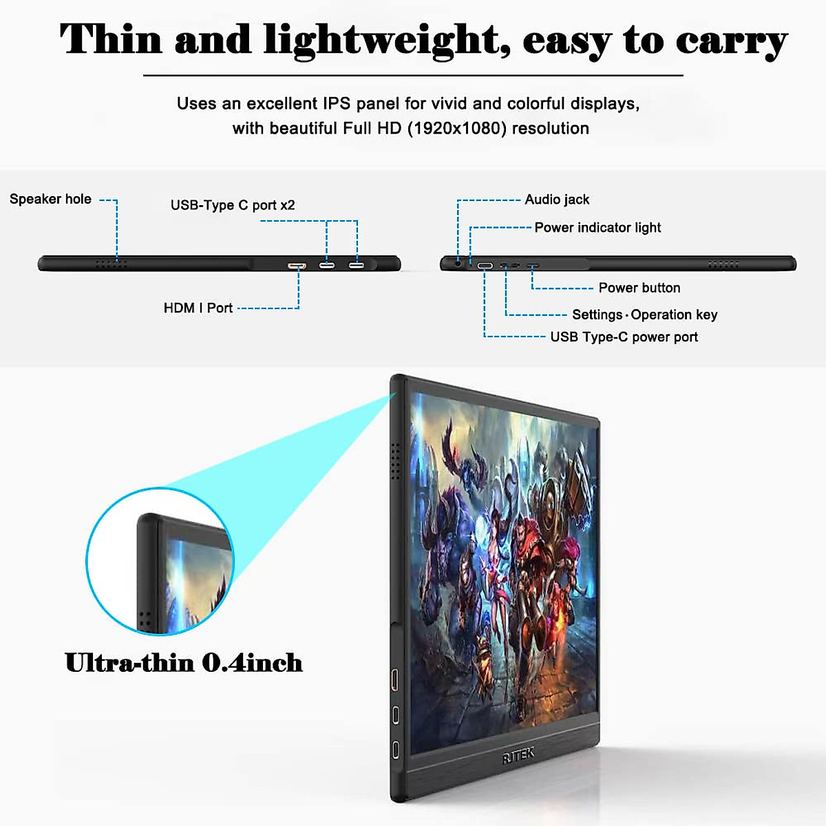 RJTEK Portable Monitor 15.6inch 1080P FHD Travel Display for Laptop HDMI Computer HDR IPS Gaming External Monitor for PC Mac Phone PS4 PS5 Xbox Switch