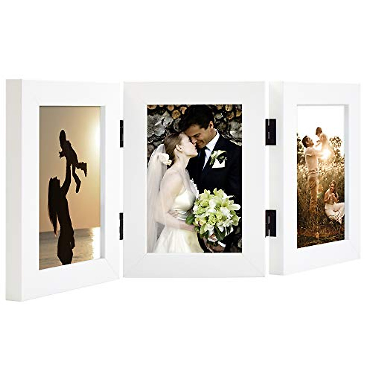 Golden State Art, 4x6 Three Picture Frame Trifold Hinged Photo Frame with 3 Openings, Desk Top Family Picture Collage, with Real Glass (4x6 Triple, White, 2-Pack)