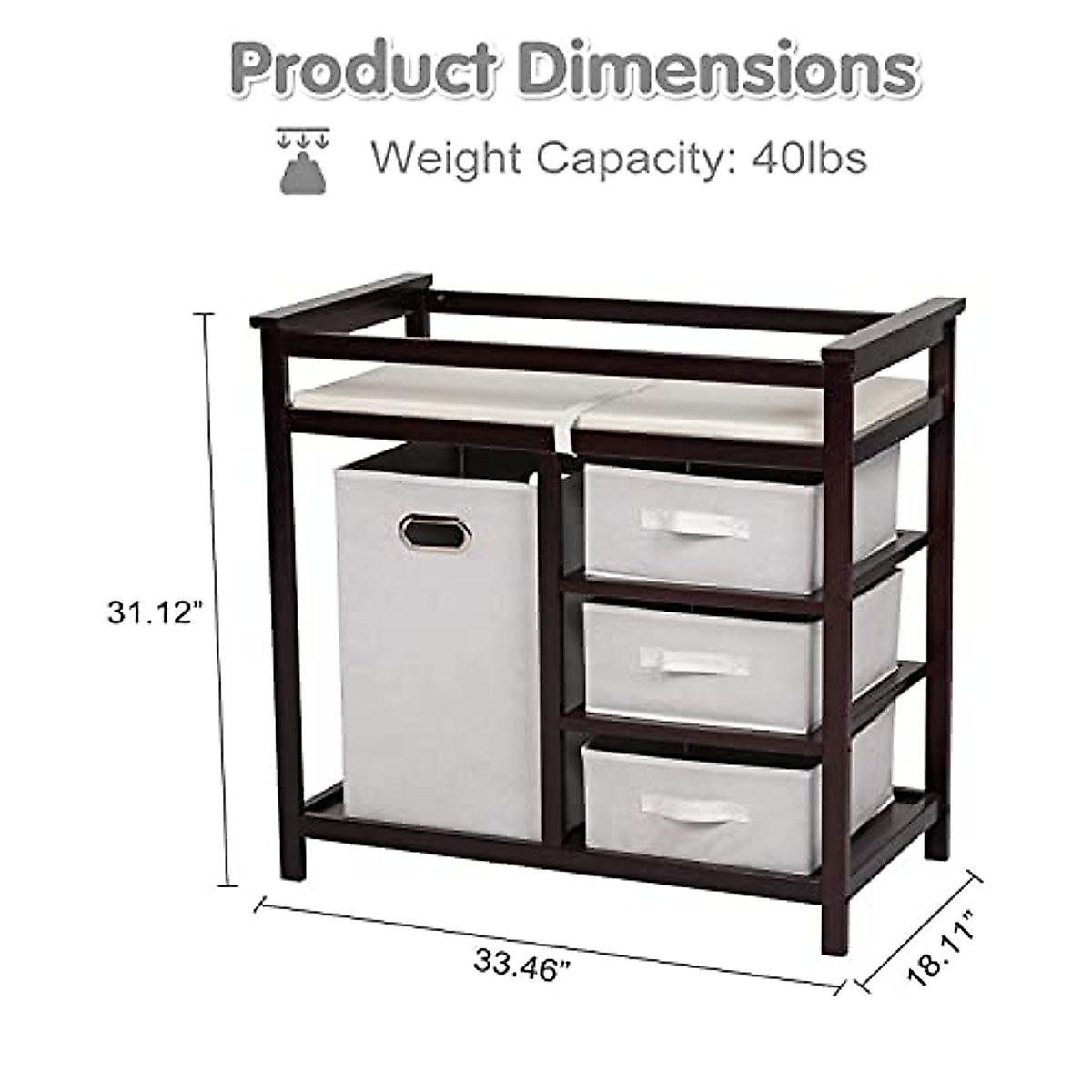 Baby Changing Table - Changing Station with Laundry Hamper, 3 Storage Baskets, and Pad, Multi Storage Nursery Changing Table for Infants or Babies (Dark Brown)