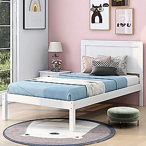 Merax Wood Platform Bed Frame with Headboard, Wood Slat Support, No Box Spring Needed,Twin,White