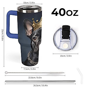Funny French Bulldog Frenchie with A Golden Crowness 40 Oz Car Cup Stainless Steel Travel Mug Leak-Proof Insulated Tumbler with Handle Deep Blue-style
