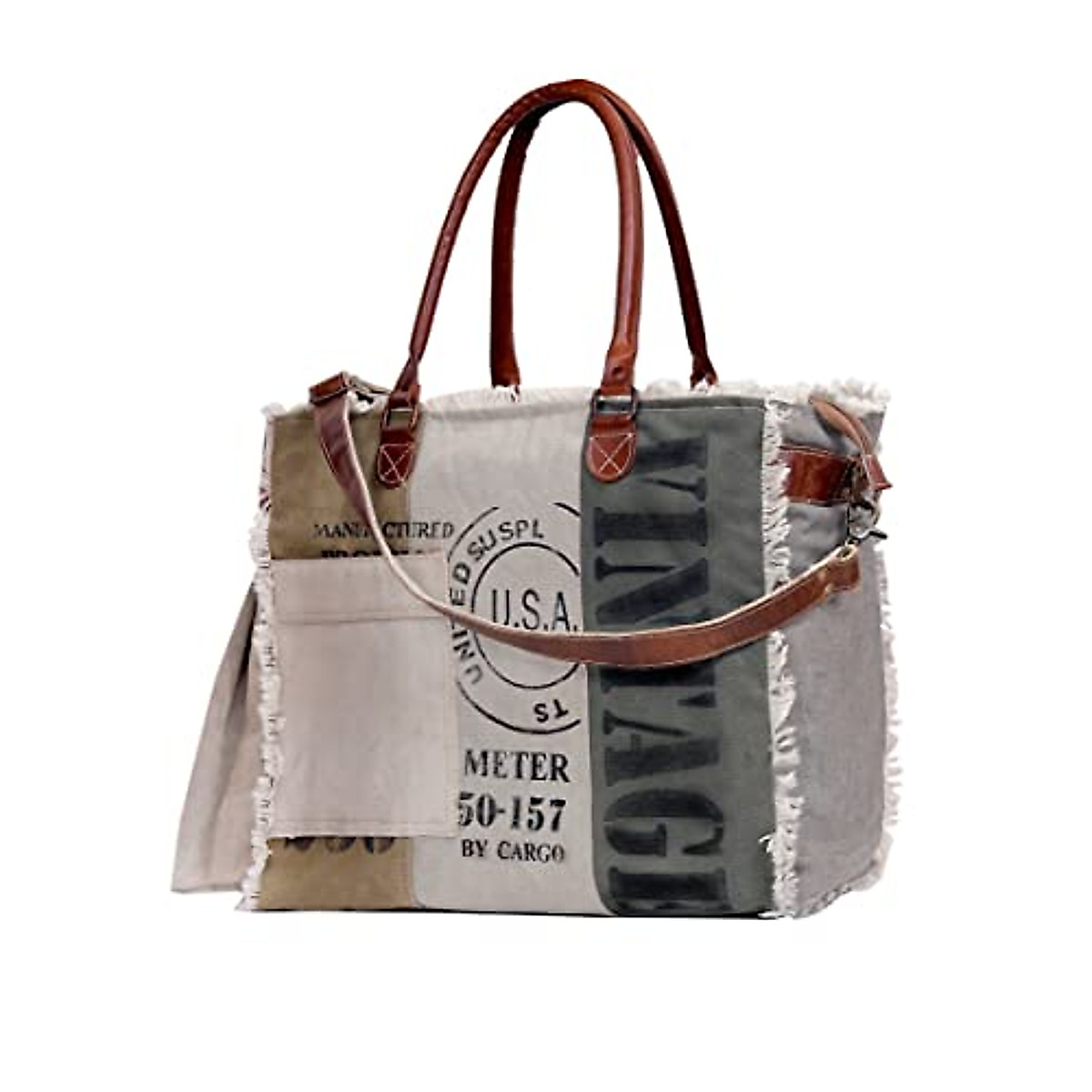 Ruzioon Upcycled Canvas & Cowhide Hand Bag, Canvas & Cowhide Weekender Bag, Canvas Tote Bag, Canvas Shoulder Bag for Women’s