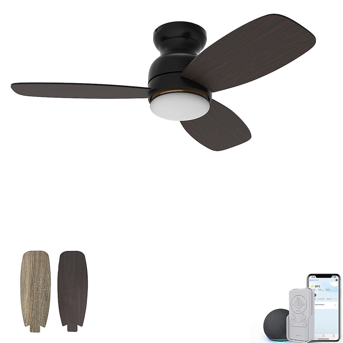 Ceiling Fan with Lights, Indoor & Outdoor Ceiling Fan，48" Low Profile DC Smart Ceiling Fan Works with Alexa, Siri, Google Home & Smart APP, 2 Colors of Reversible Blades, Dark Walnut & Light Wood