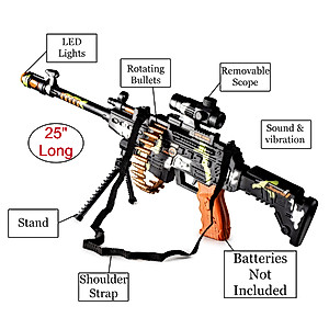 Light Up Toy Machine Blaster - Scope, Stand and Carrying Strap Flashing Lights, Sounds and Unique Revolving Rounds - Toys for Boys Combat Military Mission Toy - Birthday Gifts for Kids - Playo