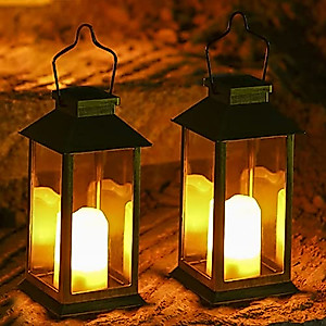 Tomshine 2 Pack Solar Lanterns, Outdoor Garden Hanging Lanterns, 11.8 Inch LED Flickering Flameless Candle Mission Lights for Yard, Table, Patio(Black)
