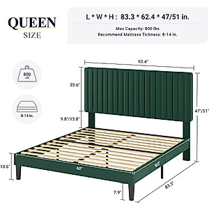 Allewie Queen Bed Frame, Velvet Upholstered Platform Bed with Adjustable Vertical Channel Tufted Headboard, Mattress Foundation with Strong Wooden Slats, Box Spring Optional, Easy Assembly, Green