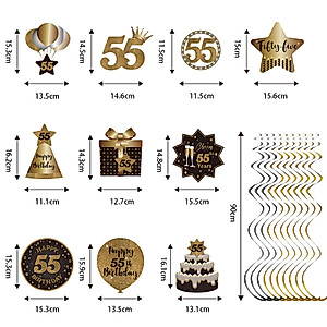 Happy 55th Birthday Party Hanging Swirls Streams Ceiling Decorations, Celebration 55 Foil Hanging Swirls with Cutouts for 55 Years Old Black and Gold Birthday Party Decorations Supplies