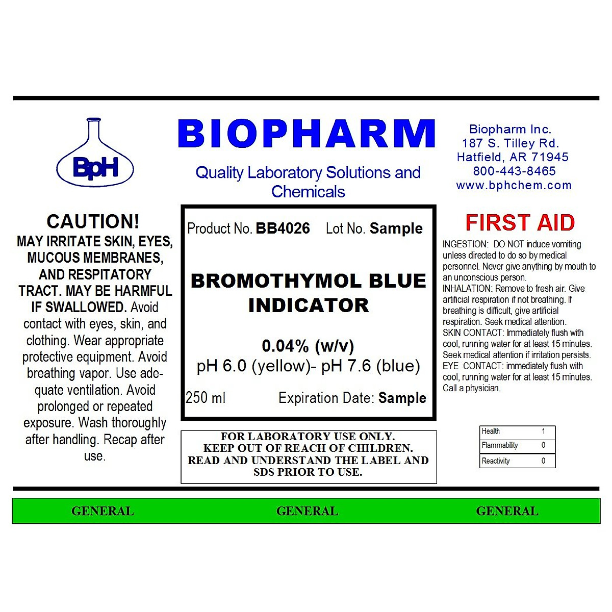 Bromothymol Blue Indicator 0.04% (w/v) — 250 mL (8.4 fl oz) — Includes an Empty 50 mL Dropper Bottle and Dispensing Cap — pH 6.0 (Yellow) - pH 7.6 (Blue)