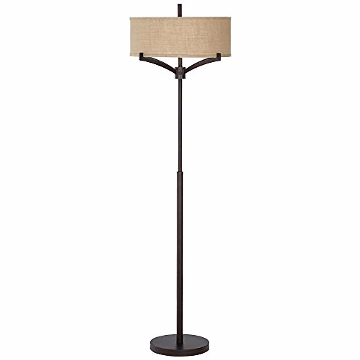 Franklin Iron Works Tremont Modern Mid Century Floor Lamp Standing 62" Tall Deep Bronze Metal Tan Burlap Drum Shade for Living Room Reading Bedroom Office House Home Decor