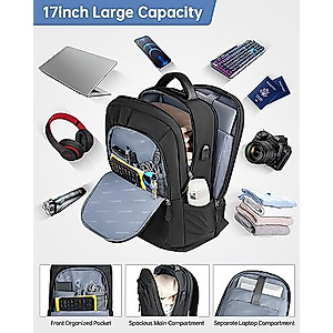 17 Inch Laptop Backpack for Men, TSA Approved Large Computer Backpack with USB Charging Port, Water Resistant Travel Business Backpack for Women, Anti Theft Carry on Daypack College Office Bag, Black