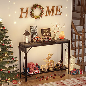 Narrow Console Table with Power Strips, Sofa Table with Storage Shelves for Living Room, 2-Tier Foyer Table for Entryway, Hallway, Behind Couch, Kitchen Counter, 39'', Grey Oak & Black