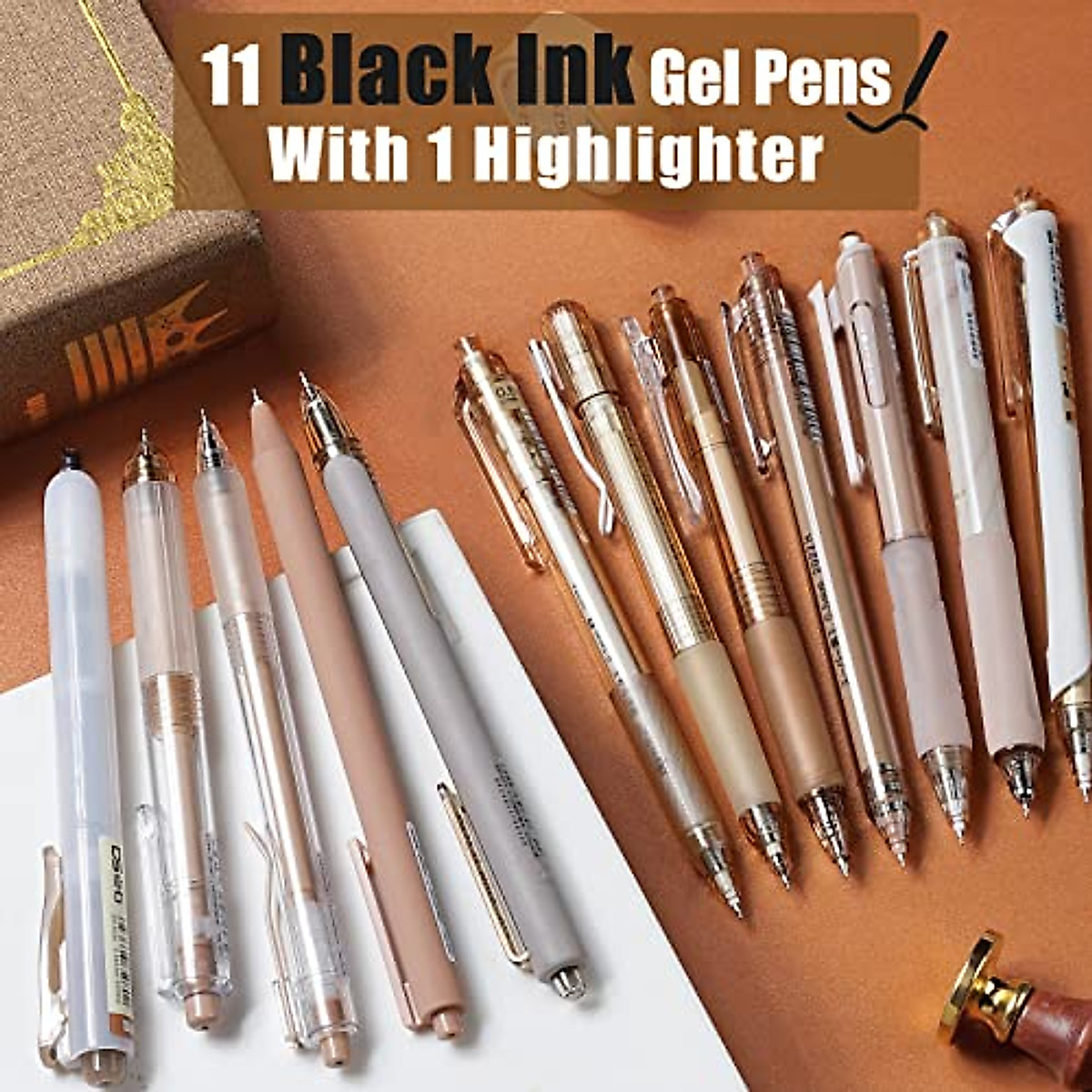Four Candies 12Pack Pastel Gel Ink Pen Set, 11 Pack Black Ink Pens with 1Pack Highlighter for Writing, Retractable 0.5mm Fine Point Gel Pens, Cute Note Taking Pens for School Office (Brown)