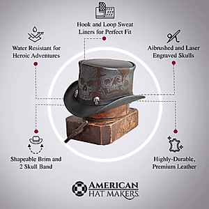 American Hat Makers Silver Skull Top Hat - Laser Engraved - Top Grain Black Leather Hat, Large