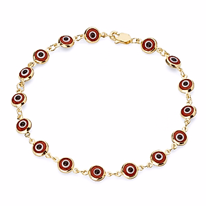 14k REAL Yellow Gold Red Evil Eye Bracelet - 7.25"