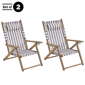 Lavish Home Set of 2 Beach Chairs - Outdoor Weather-Resistant Wood Folding Chairs with Carry Straps and Reclining Seat - Beach Essentials (Taupe)