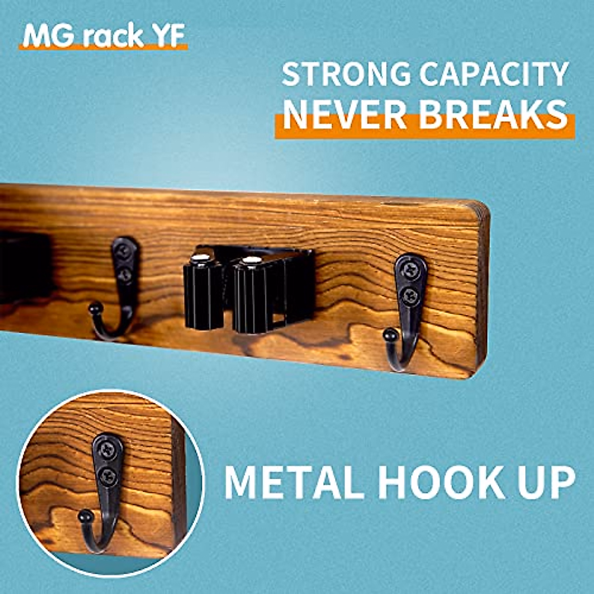 MG rack YF Mop and Broom Holder Wall Mount, Rustic Solid Wood Holder Garden and Kitchen Garage Tool Organizer Wall Hanger for Home Goods (3 Positions with 4 Hooks)