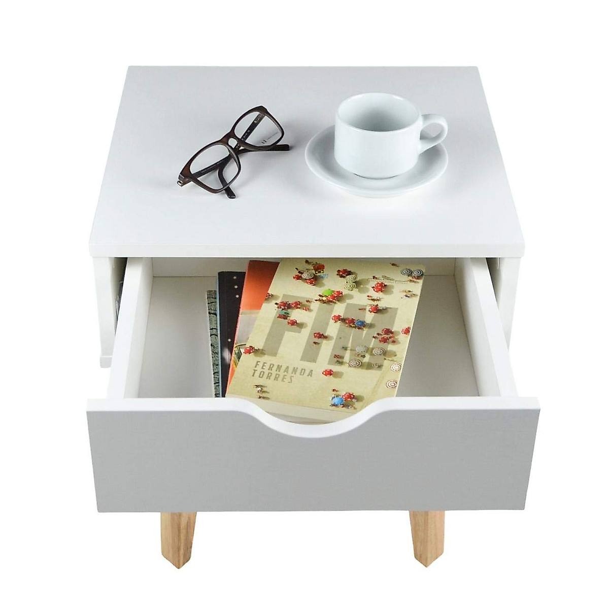 Mid Century Modern Nightstand – MDP Bedside Table Night Stand – Premium Quality Wood – Available in Black, White, Natural Wood – Single Drawer End Table – Contemporary Design