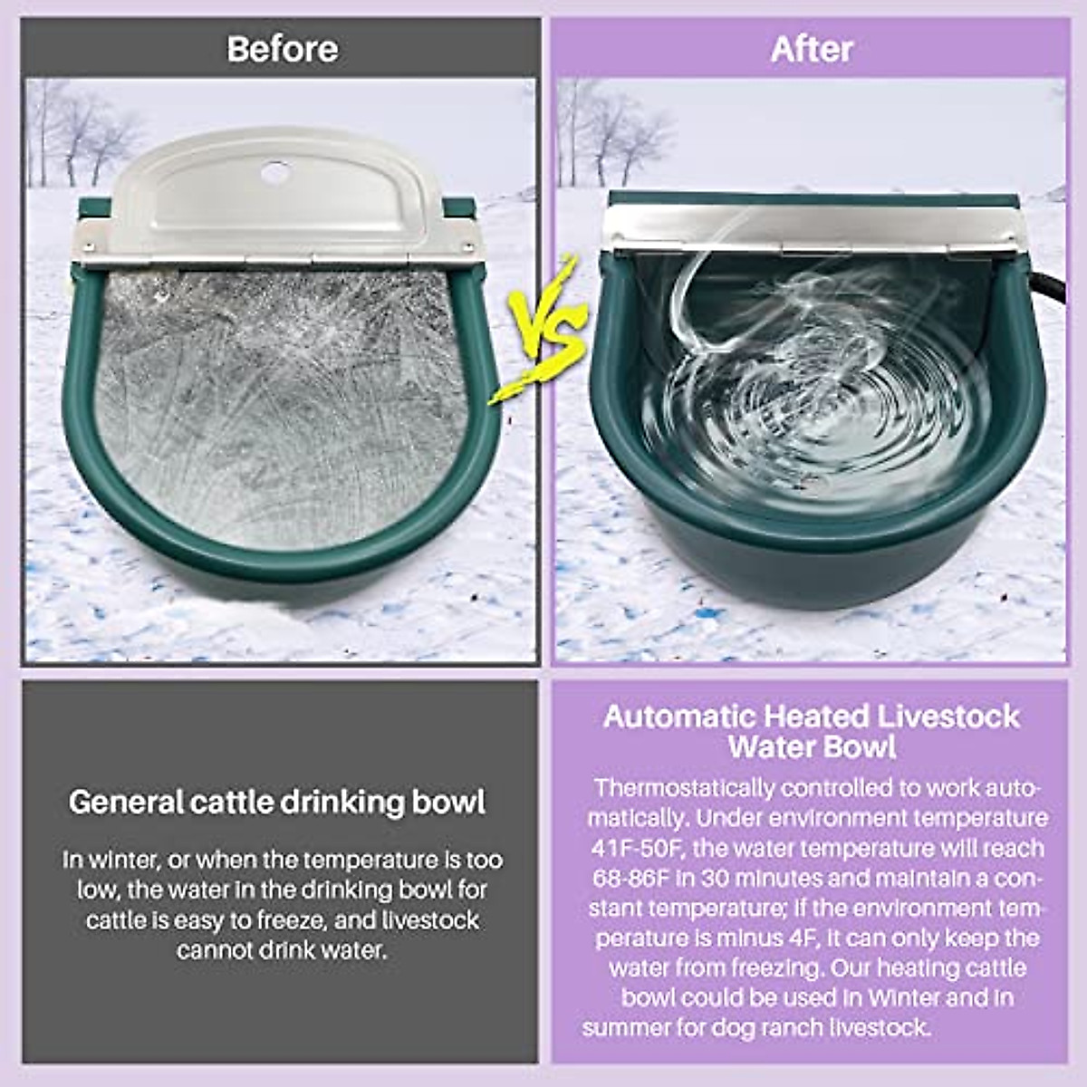 PAULOZYN Heated Livestock Water Bowl Kits Automatic Animals Dog Waterer Trough Outdoors Winter Animals Water Dispenser for Chicken Pet Cattle Horse Pig Cow Goat Sheep, with 2PCS Float Ball Valves