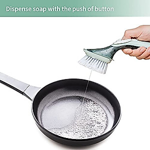 CQT Soap Dispensing Dish Brush Storage Set, Dish Scrubber with Handle, Kitchen Washing Brush for Pot Pan Sink Cleaning, Kitchen Brush with Holder and 1 Replaced Scouring Pad Head