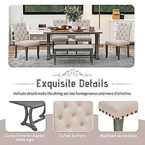 RUNWON Farmhouse Solid Wood 6-Piece Dining Set with Rectangular Trestle Table and 4 Upholstered Chairs & Bench, Gray