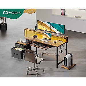 AODK 55" Computer Desk with Fabric File Cabinet and Drawer, Reversible Office Desk with Power Outlet and LED Light, Study Desk with Printer Stand, Keyboard Tray, Monitor Riser and PC Stand, Vintage