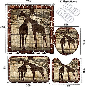 SiMiWOW 4 Pieces African Animals Giraffe in Forest Shower Curtain Set with Bath Mat Bath Rugs Bathroom Decoration