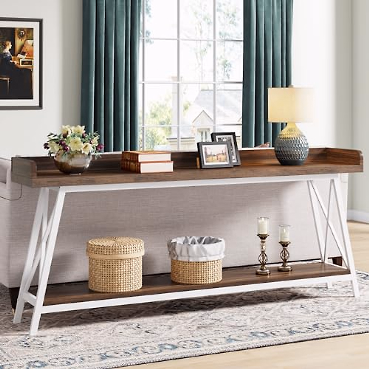 Tribesigns 70.9 inch Extra Long Console Table Behind Couch, Rustic Industrial Sofa Table for Living Room, Narrow Entryway Hallway Long Bar Table, Brown+White