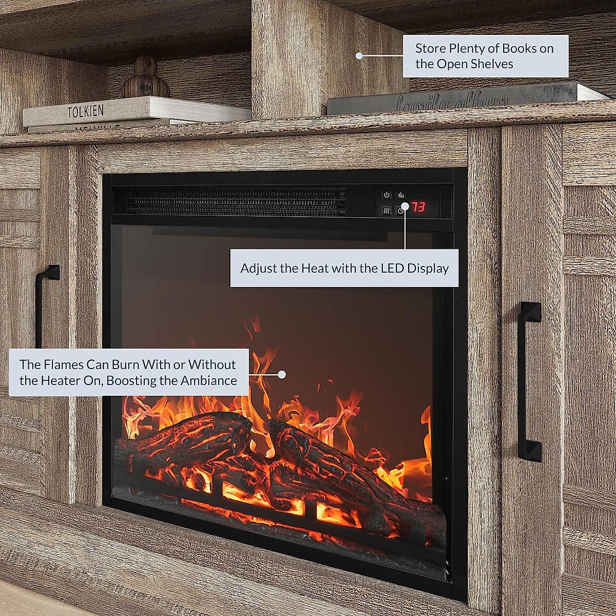 BELLEZE 48" TV Stand with 18" Electric Fireplace Heater, Modern TV Stand for TVs up to 50", Entertainment Media Stand with Open Shelves and Storage Cabinets for Living Room, Bedroom (Ashland Pine)