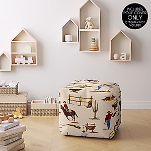 Sweet Jojo Designs Tan Brown Western Cowboy Boy Ottoman Pouf Cover Unstuffed Poof Floor Footstool Square Cube Pouffe Storage Baby Nursery Kids Room Wild West Southern Charm Horse Cow Animal Red White