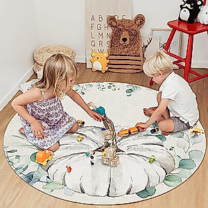 White Chic Pumpkin Round Area Rug 3ft,Washable Outdoor Indoor Carpet Runner Rug for Bedroom,Kitchen,Living Room,Office,Area+Rug Small Bath Door Desk Mat Thanksgiving Fall Greenery Eucalyptus Plant