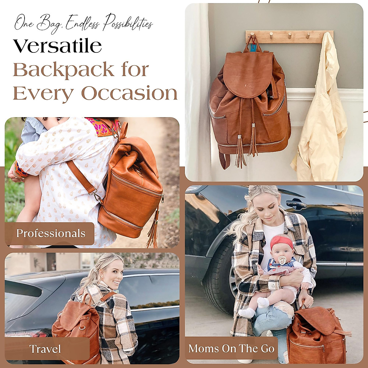 Citi Collective Journey Diaper Bag - Vintage Tan - Convertible Backpack to Shoulder or Crossbody - Waterproof Vegan Leather