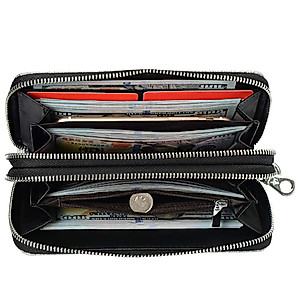 GENTFOX Women's Wallet RFID Blocking Leather Double Zipper Cellphone Wallet Long Purse with Removable Wrist Strap